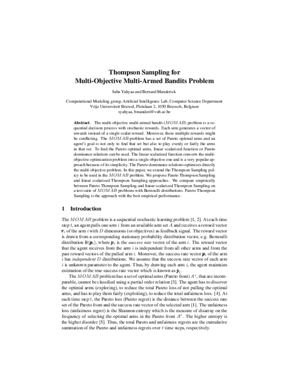 (PDF) Thompson Sampling for Multi-Objective Multi-Armed Bandits Problem