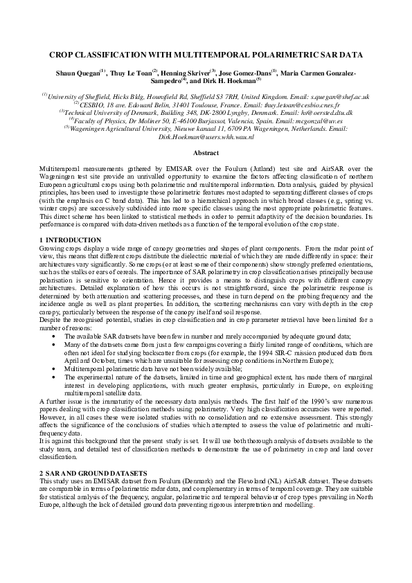 (PDF) Crop classification with multitemporal polarimetric SAR data