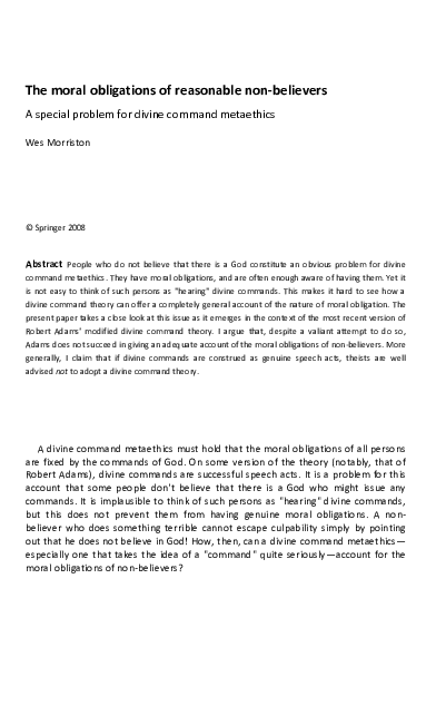 (PDF) The moral obligations of reasonable non-believers
