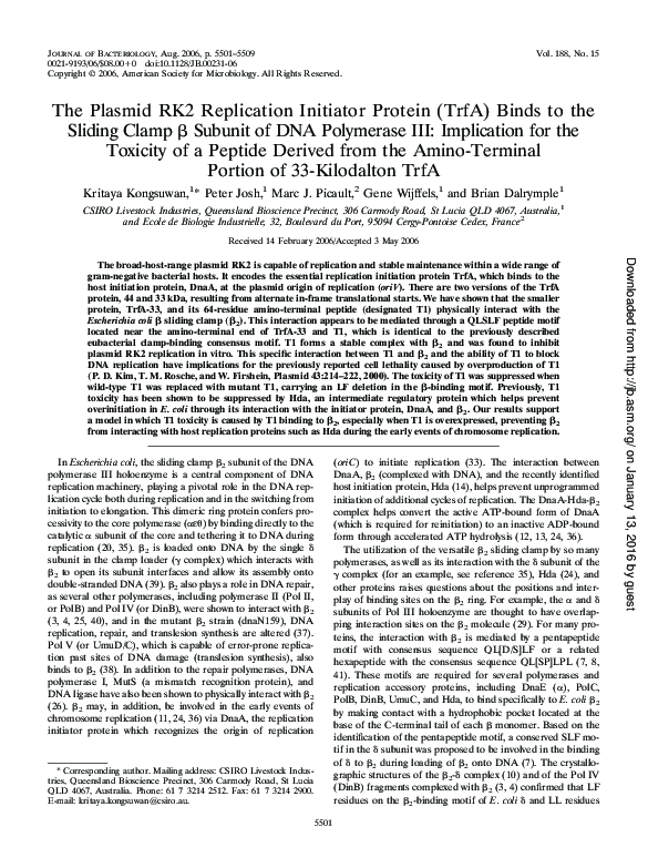 (PDF) The Plasmid RK2 Replication Initiator Protein (TrfA) Binds to the ...