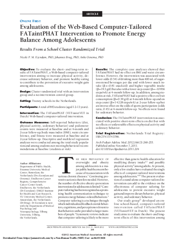 (PDF) Evaluation of the Web-Based Computer-Tailored FATaintPHAT Intervention to Promote Energy ...