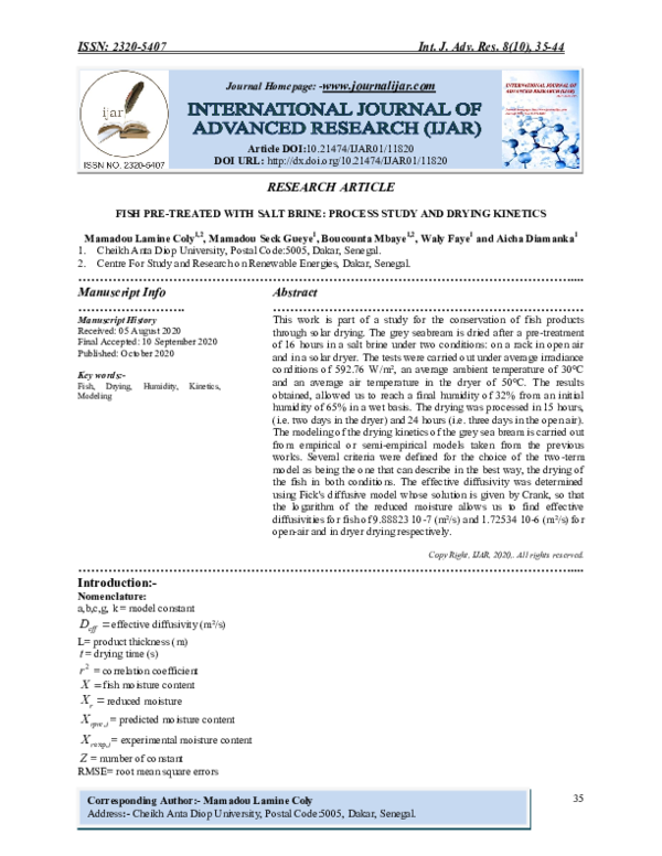 (PDF) Fish Pre-Treated with Salt Brine: Process Study and Drying Kinetics