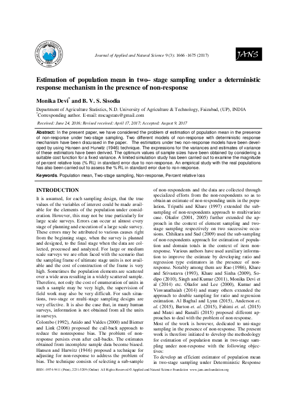 Pdf Estimation Of Population Mean In Two Stage Sampling With Systematic Sampling In The Second