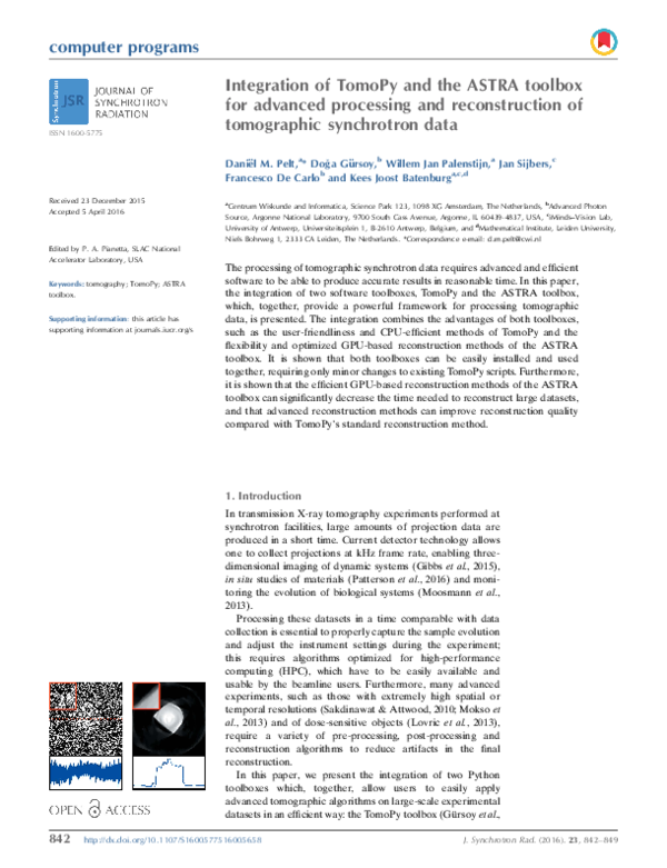 Pdf Integration Of Tomopy And The Astra Toolbox For Advanced