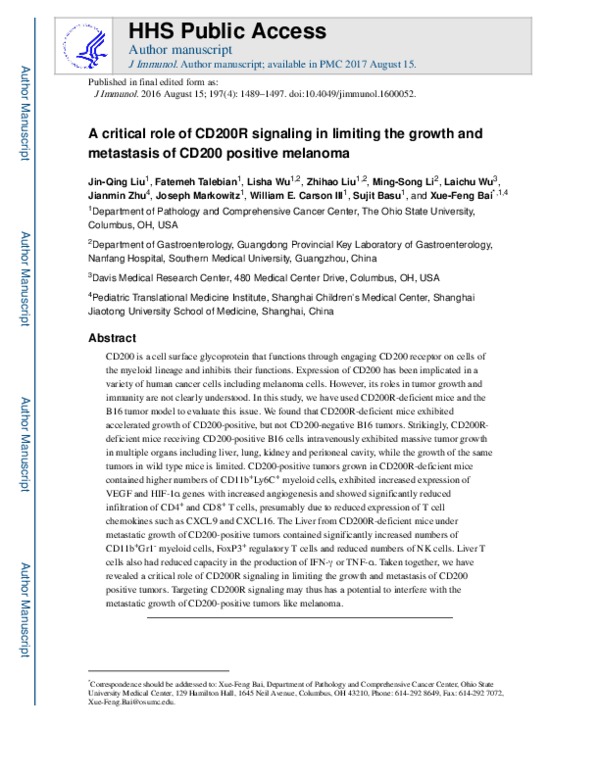 (PDF) A Critical Role for CD200R Signaling in Limiting the Growth and ...