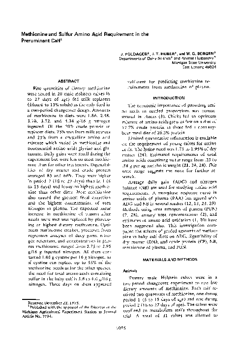 (PDF) Methionine and sulfur amino acid requirement in the preruminant calf