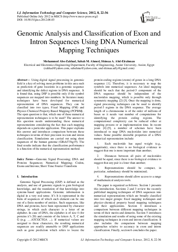 Pdf Genomic Analysis And Classification Of Exon And Intron Sequences