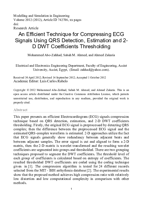 Pdf An Efficient Technique For Compressing Ecg Signals Using Qrs Detection Estimation And 2d