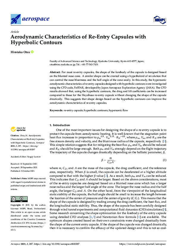 (PDF) Aerodynamic Characteristics of Re-Entry Capsules with Hyperbolic ...