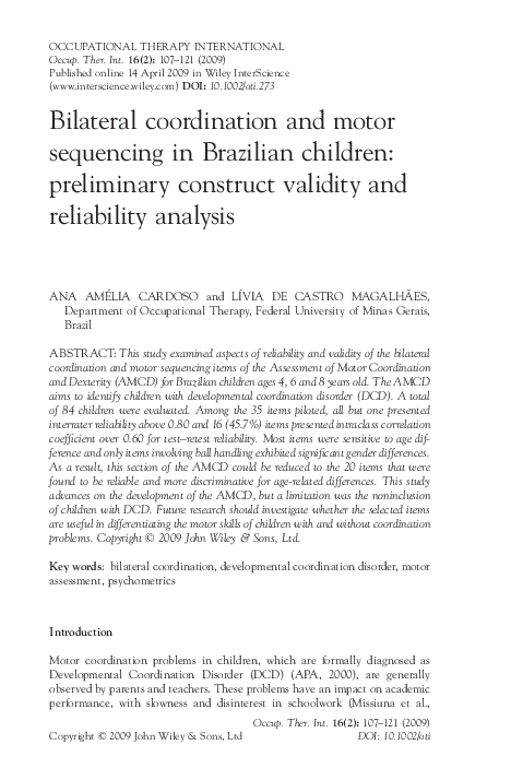 (PDF) Bilateral coordination and motor sequencing in Brazilian children ...