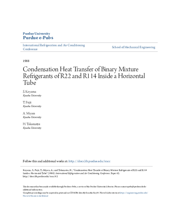 (PDF) Condensation Heat Transfer of Binary Mixture Refrigerants of R22 and R114 Inside a ...