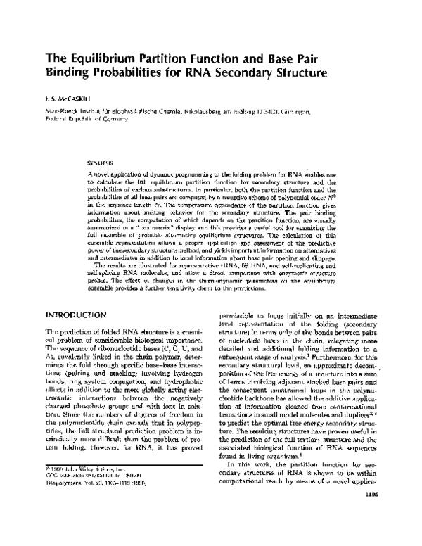 (PDF) The equilibrium partition function and base pair binding probabilities for RNA secondary ...