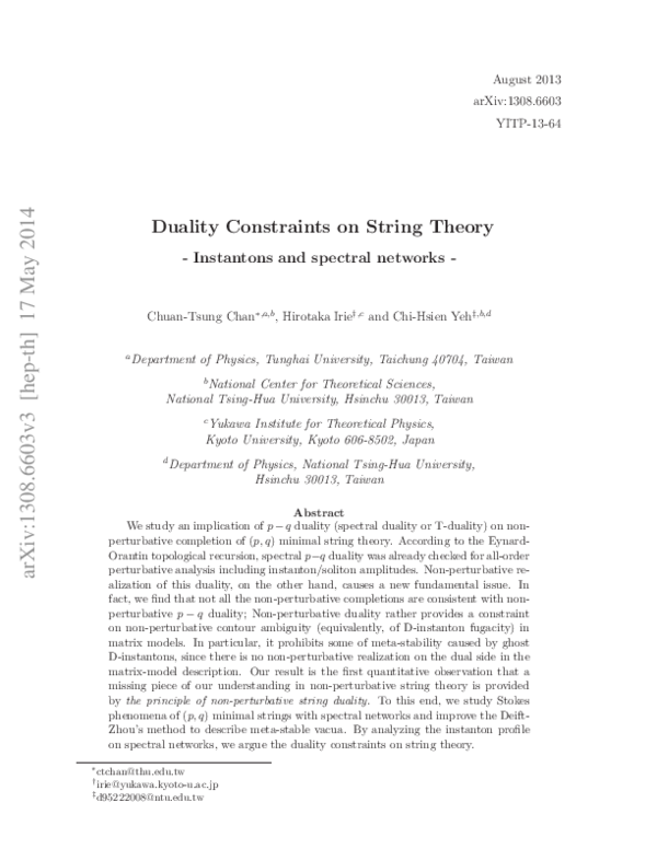 (PDF) Duality Constraints on String Theory: Instantons and spectral ...
