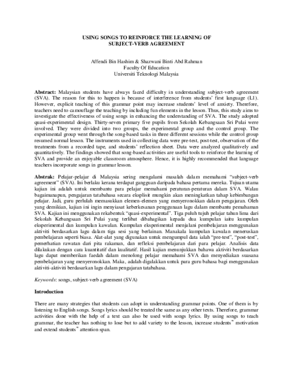 (PDF) Using Songs To Reinforce The Learning Of subject-verb Agreement
