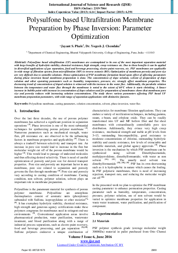 (PDF) Polysulfone based Ultrafiltration Membrane Preparation by Phase ...