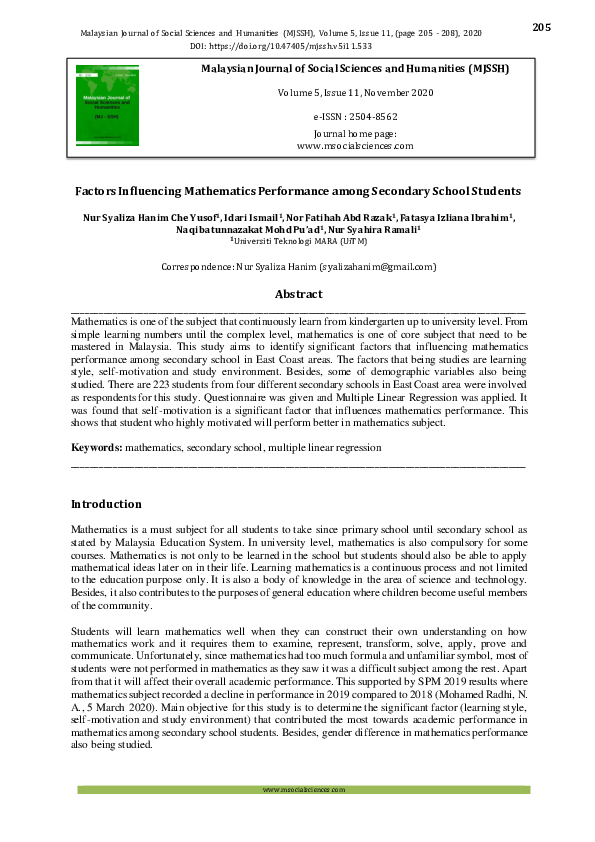 (PDF) Factors Influencing Mathematics Performance among Secondary ...