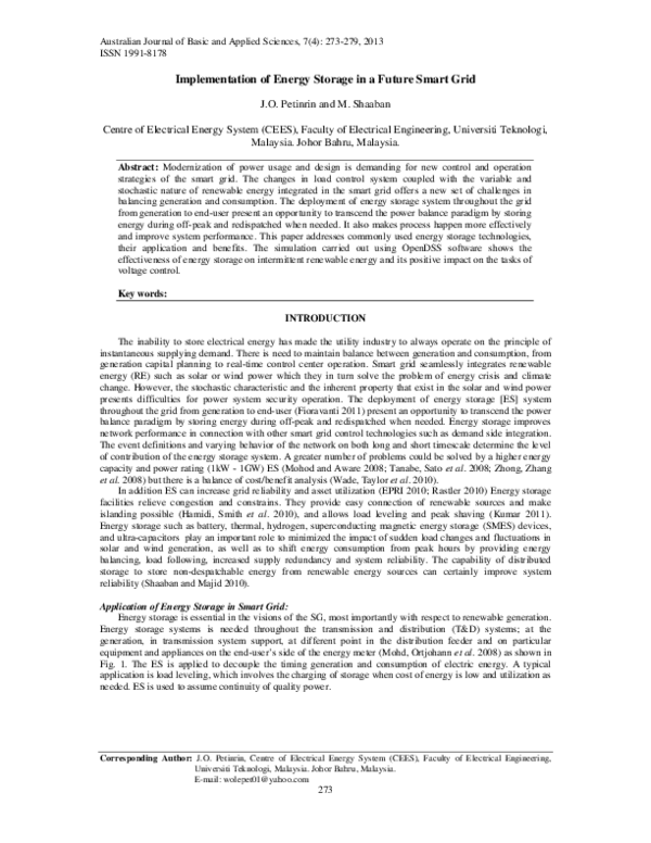 (PDF) Implementation of energy storage in a future smart grid
