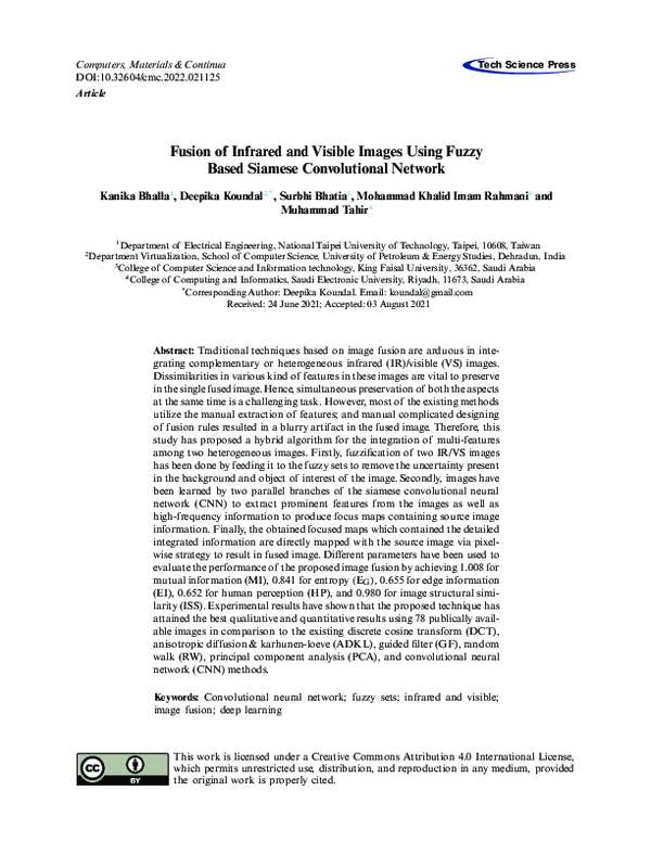 (PDF) Fusion of Infrared and Visible Images Using Fuzzy Based Siamese Convolutional Network