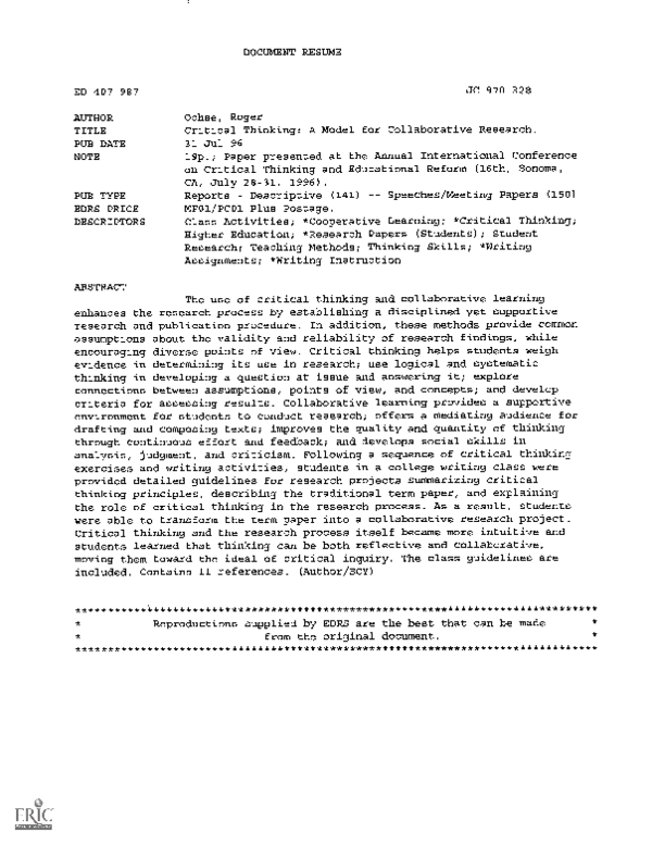 (PDF) Critical Thinking: A Model for Collaborative Research