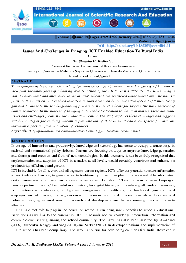 (PDF) Issues And Challenges in Bringing ICT Enabled Education To Rural ...
