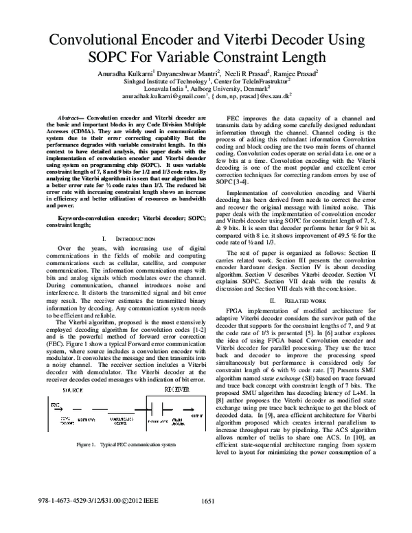 (PDF) Convolutional encoder and Viterbi decoder using SOPC for variable constraint length