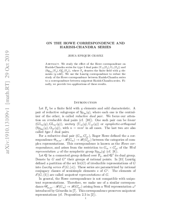 (PDF) Howe Correspondence and Harish-Chandra Series Analysis