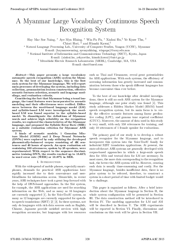 (PDF) A Myanmar large vocabulary continuous speech recognition system | Hay Mar Soe Naing ...