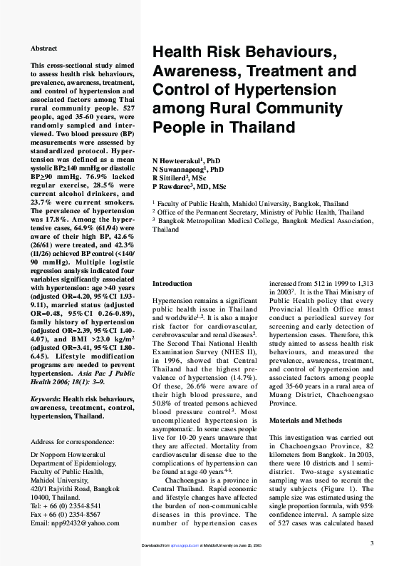 (PDF) Health Risk Behaviours, Awareness, Treatment and Control of ...