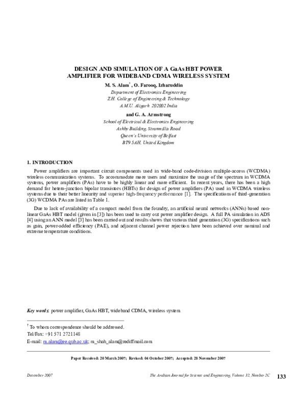 (PDF) DESIGN AND SIMULATION OF A GaAs HBT POWER AMPLIFIER FOR WIDEBAND CDMA WIRELESS SYSTEM