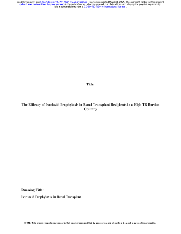 (PDF) The Efficacy of Isoniazid Prophylaxis in Renal Transplant ...