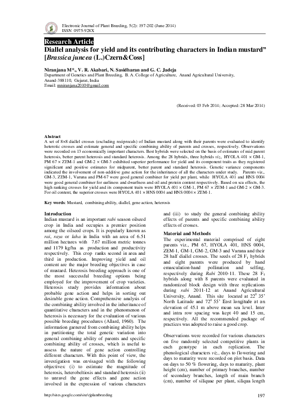 (PDF) Diallel analysis for yield and its contributing characters in Indian mustard" [Brassica ...