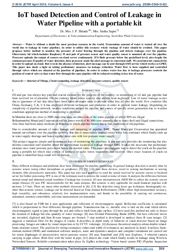 (PDF) IoT based Detection and Control of Leakage in Water Pipeline with ...