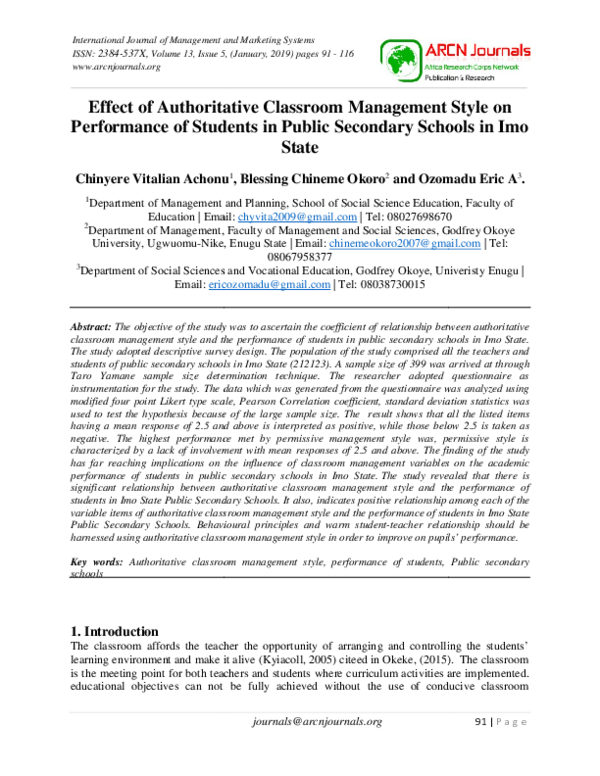 (PDF) Effect of Authoritative Classroom Management Style on Performance ...