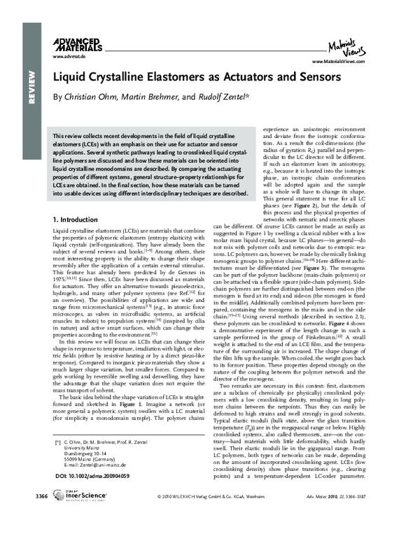 (PDF) Liquid Crystalline Elastomers as Actuators and Sensors