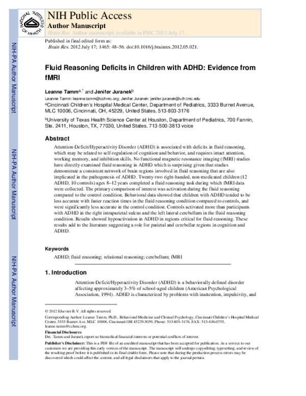 (PDF) Fluid reasoning deficits in children with ADHD: Evidence from fMRI