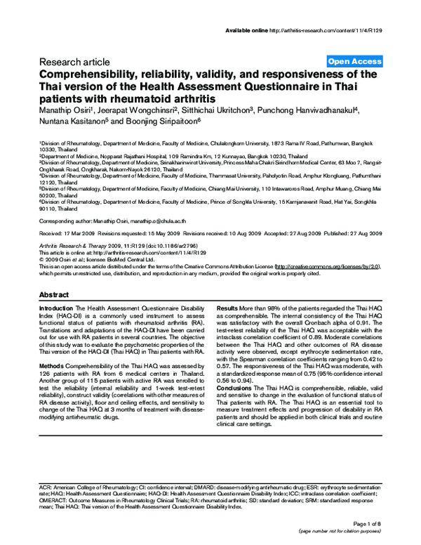 (PDF) Comprehensibility, reliability, validity, and responsiveness of the Thai version of the ...