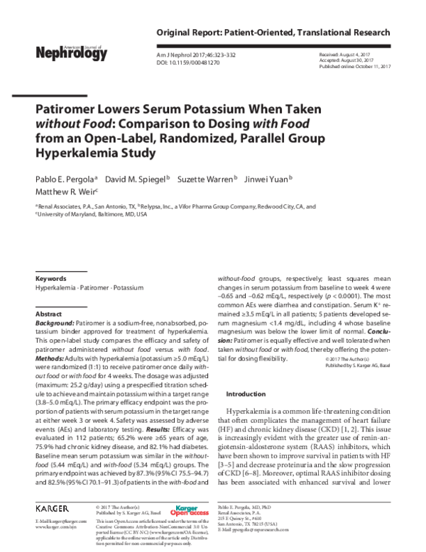 (PDF) Patiromer Lowers Serum Potassium When Taken without Food ...