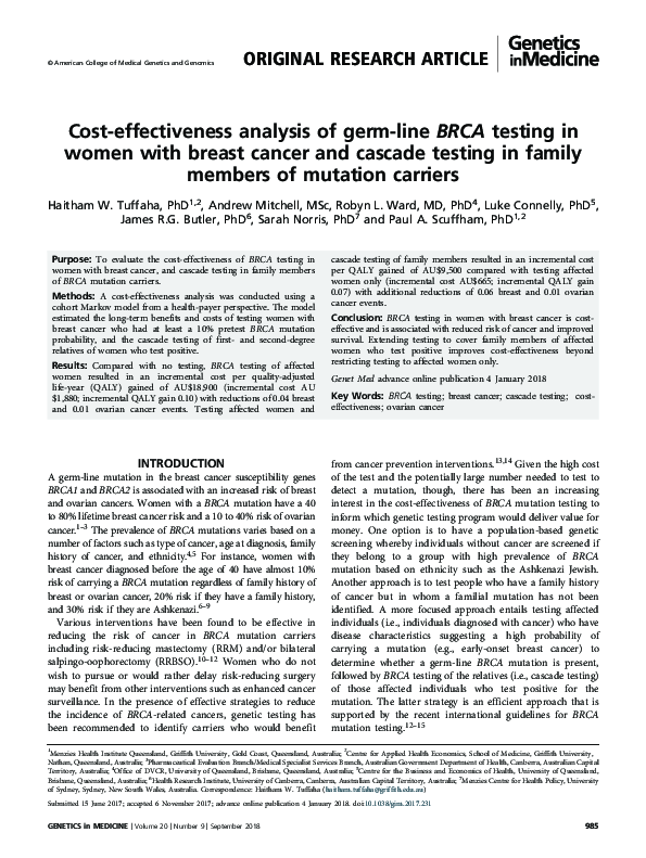 (PDF) Cost-effectiveness analysis of germ-line BRCA testing in women ...