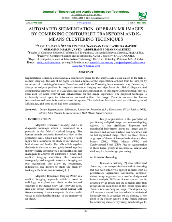 Pdf Automated Segmentation Of Brain Mr Images By Combining Contourlet Transform And K Means