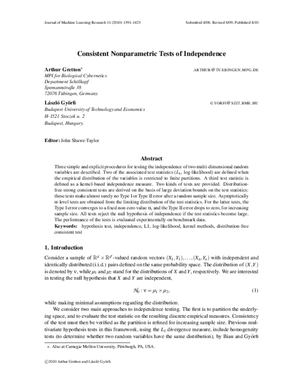(PDF) Consistent Nonparametric Tests of Independence | László Györfi ...
