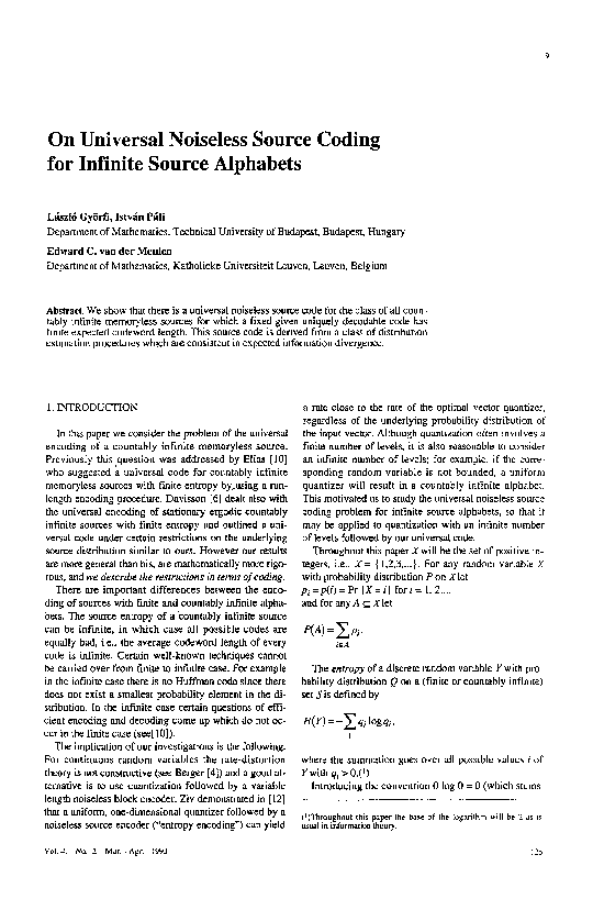 Pdf On Universal Noiseless Source Coding For Infinite Source Alphabets László Györfi
