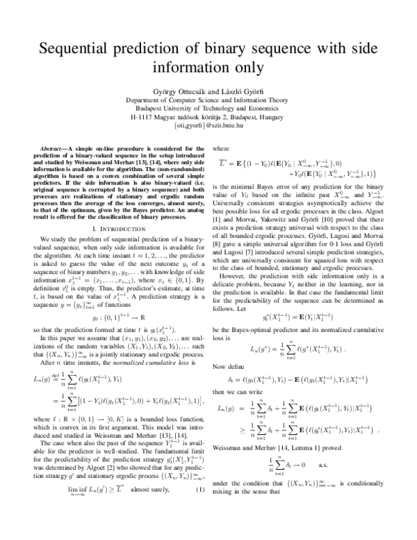 (PDF) Sequential prediction of binary sequence with side information only