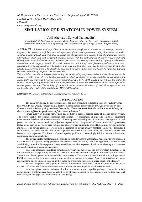 Pdf Simulation Of D Statcom In Power System