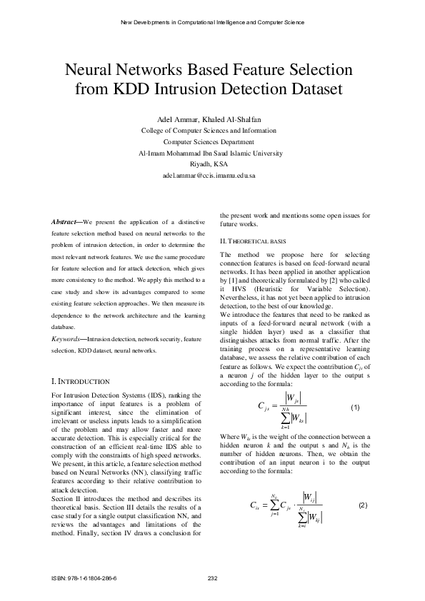 (PDF) Neural Networks Based Feature Selection from KDD Intrusion ... (PDF) Neural Networks Based Feature Selection from KDD Intrusion ...