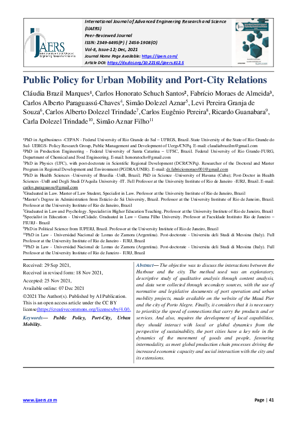 (PDF) Public Policy for Urban Mobility and Port-City Relations