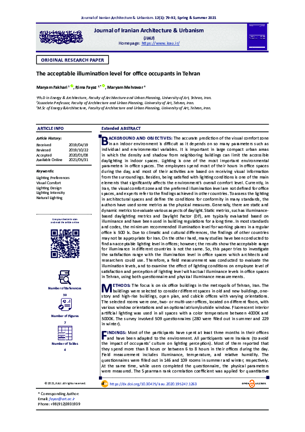 (PDF) The acceptable illumination level for office occupants in Tehran