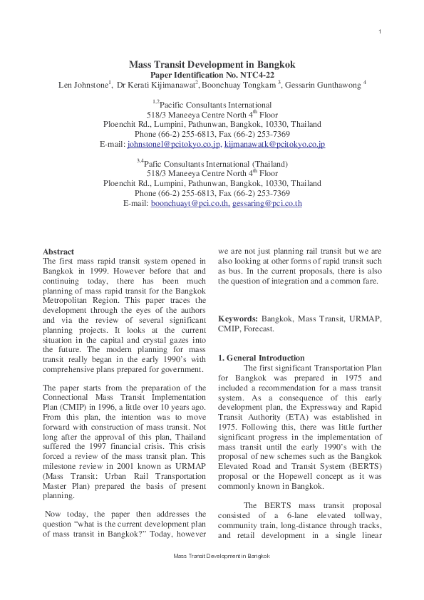 (PDF) Mass Transit Development in Bangkok Paper Identification No. NTC4-22