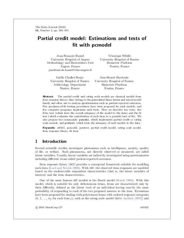 (PDF) Partial Credit Model: Estimations and Tests of Fit with Pcmodel ...