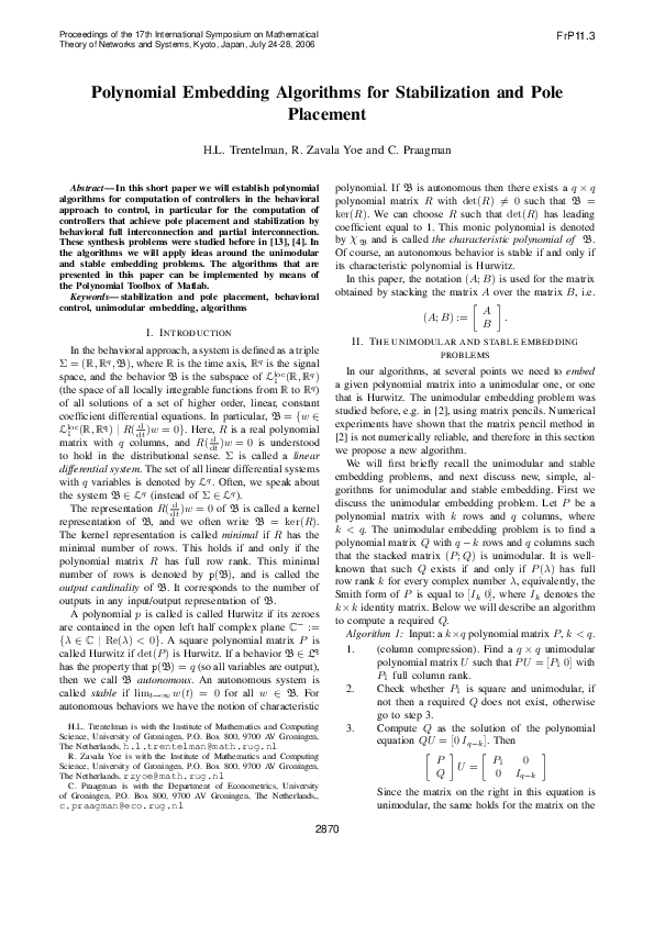 (PDF) Polynomial Embedding Algorithms for Stabilization and Pole Placement