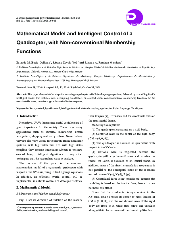 (PDF) Mathematical Model and Intelligent Control of a Quadcopter, with Non-conventional ...